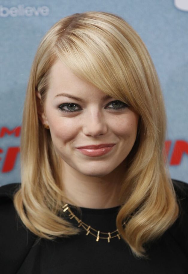 Straight Style with Long Angled Bangs Hairstyles for Round Faces